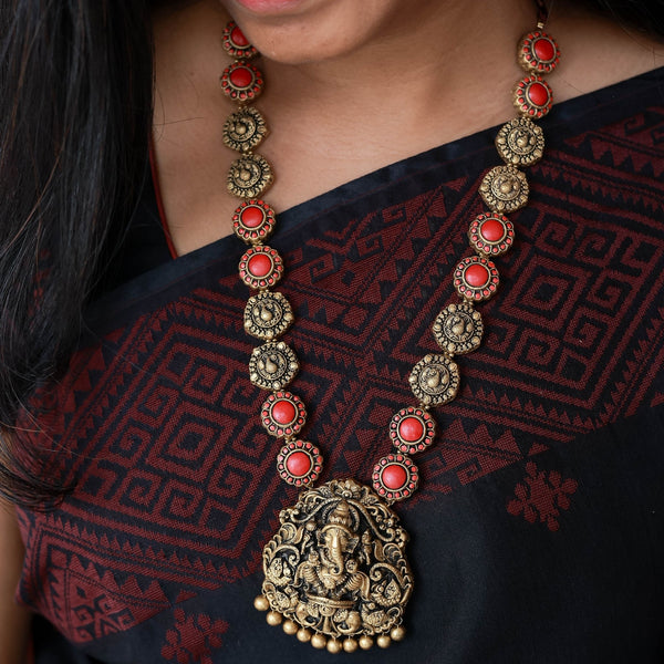 Manthra - Red flower and antique gold peacock motif neckace with ganes ...
